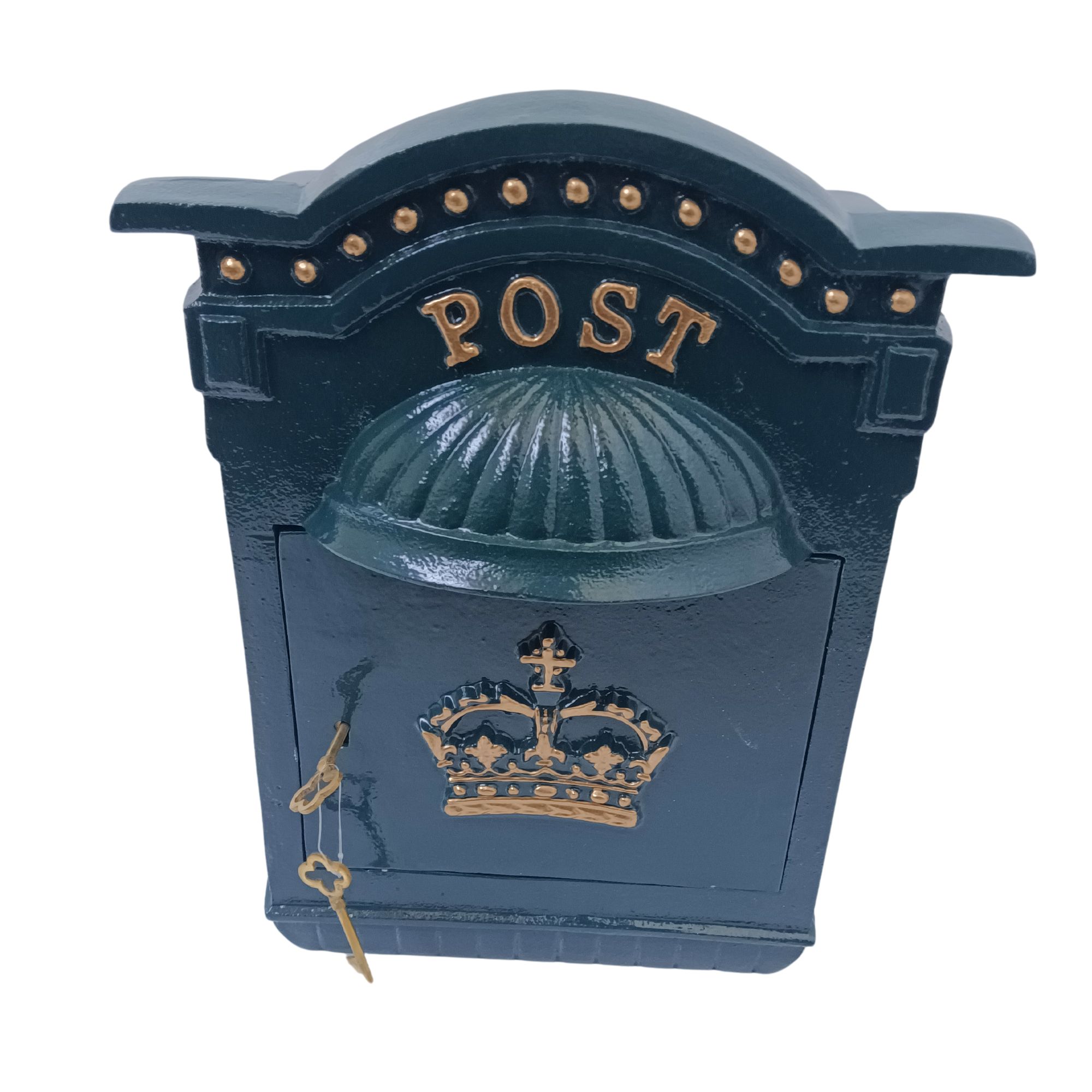 Cast Metal Wall Mounted Post Box With Crown In Green